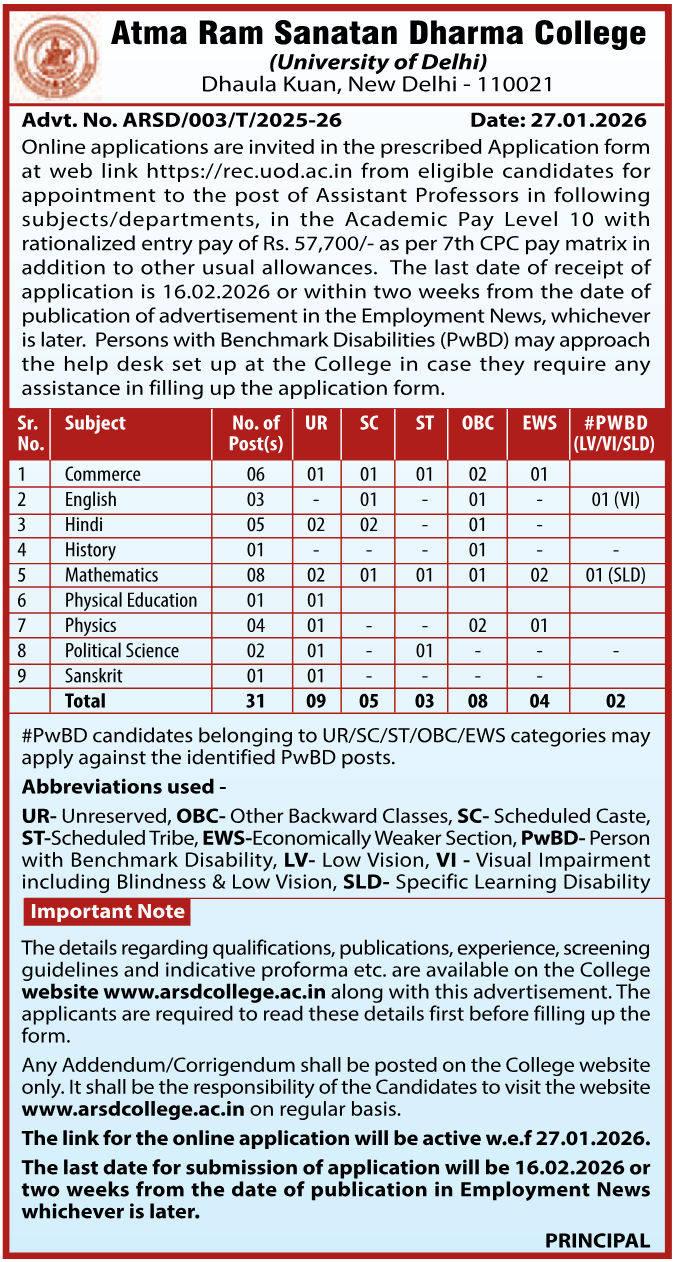 ARSD College Recruitment 2026 – Apply Online for 31 Faculty / Assistant ...